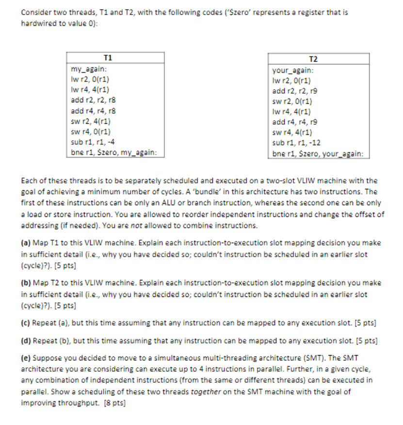 Consider two threads, T1 and T2, with the following | Chegg.com