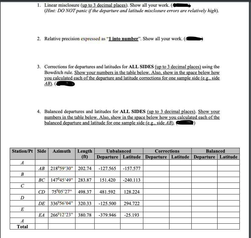 Solved 1. Linear misclosure (up to 3 decimal places). Show | Chegg.com
