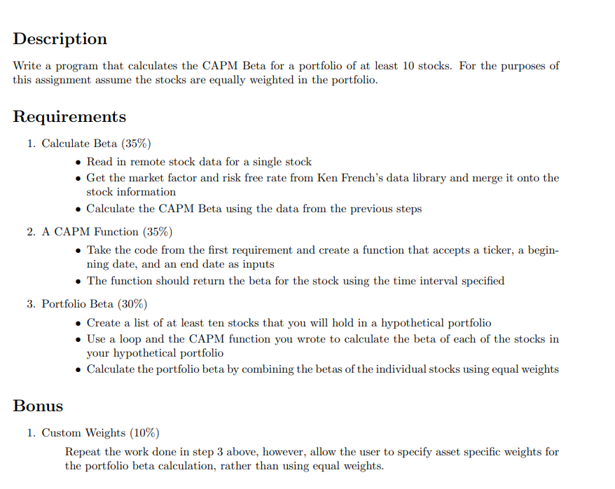 Description Write a program that calculates the CAPM | Chegg.com