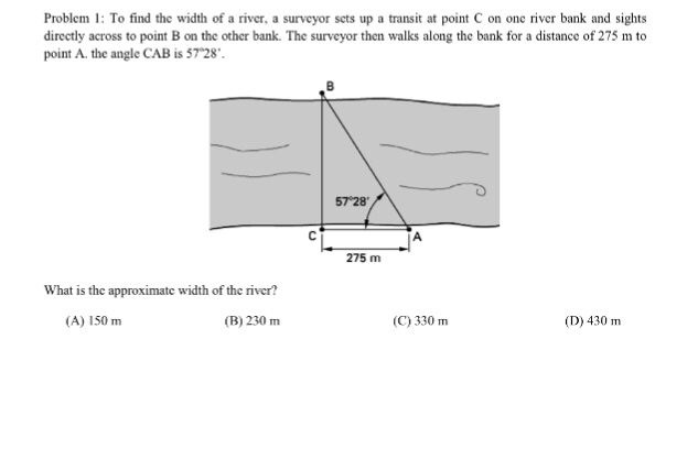 Solved To find the width of a river, a surveyor sets up a | Chegg.com