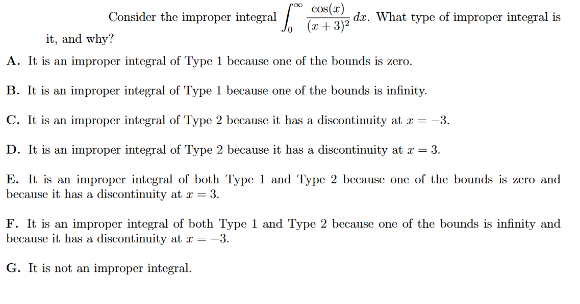 Solved Consider the improper integral ∫0∞(x+3)2cos(x)dx. | Chegg.com