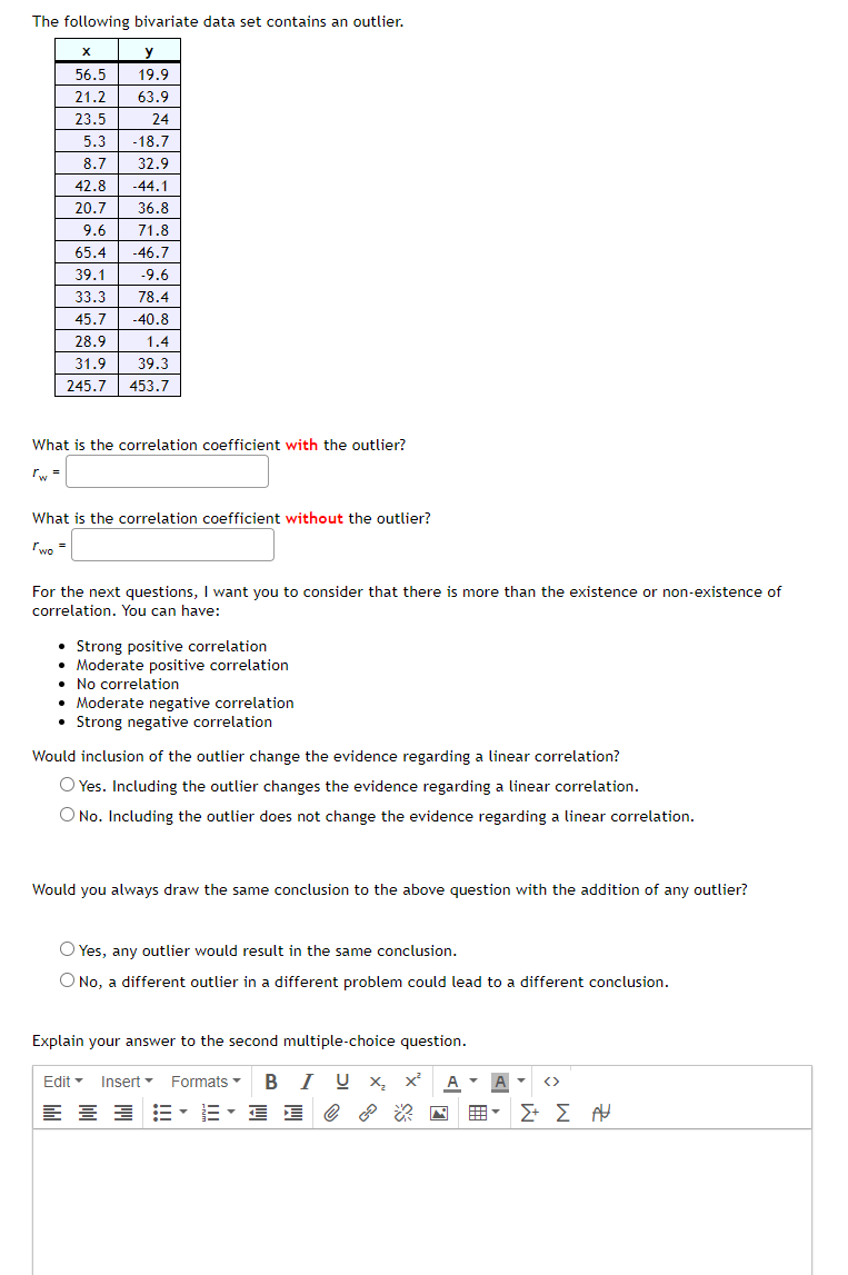 Solved The following bivariate data set contains an outlier. | Chegg.com