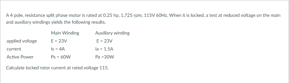 Solved A 4 pole, resistance split phase motor is rated at | Chegg.com
