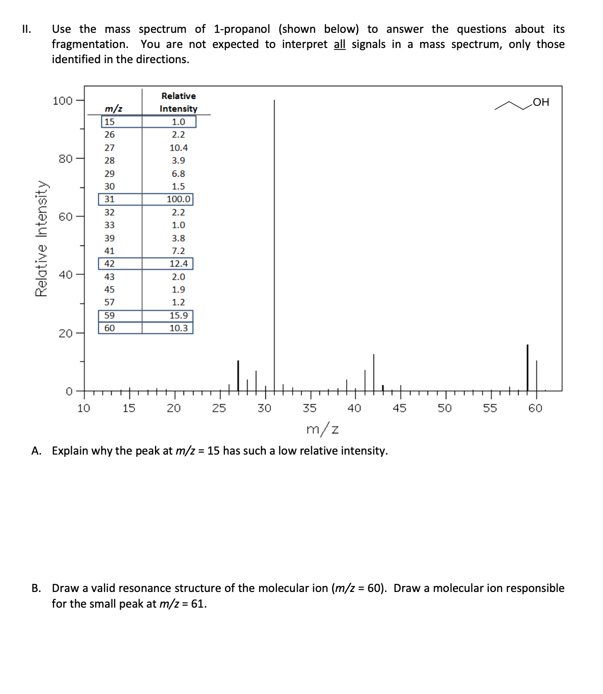 Solved II. ﻿Use the mass spectrum of 1-propanol (shown | Chegg.com