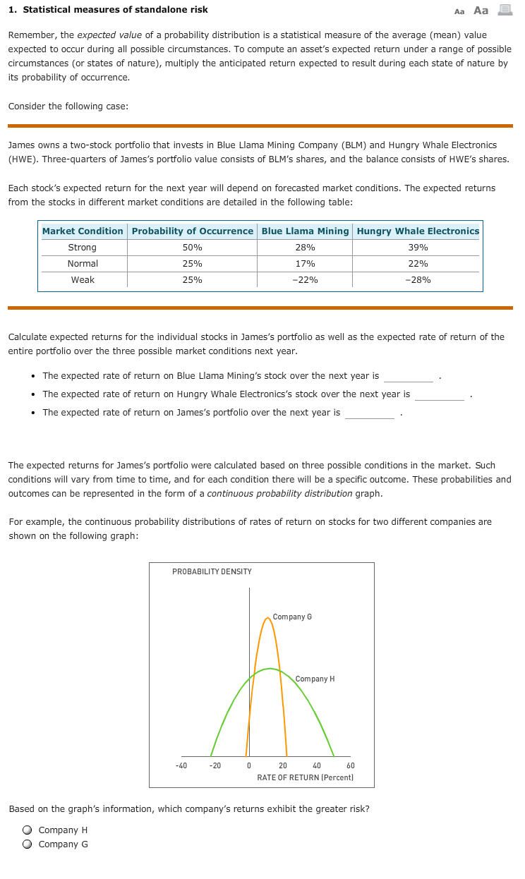 Solved 1. Statistical measures of standalone risk Aa Aa | Chegg.com