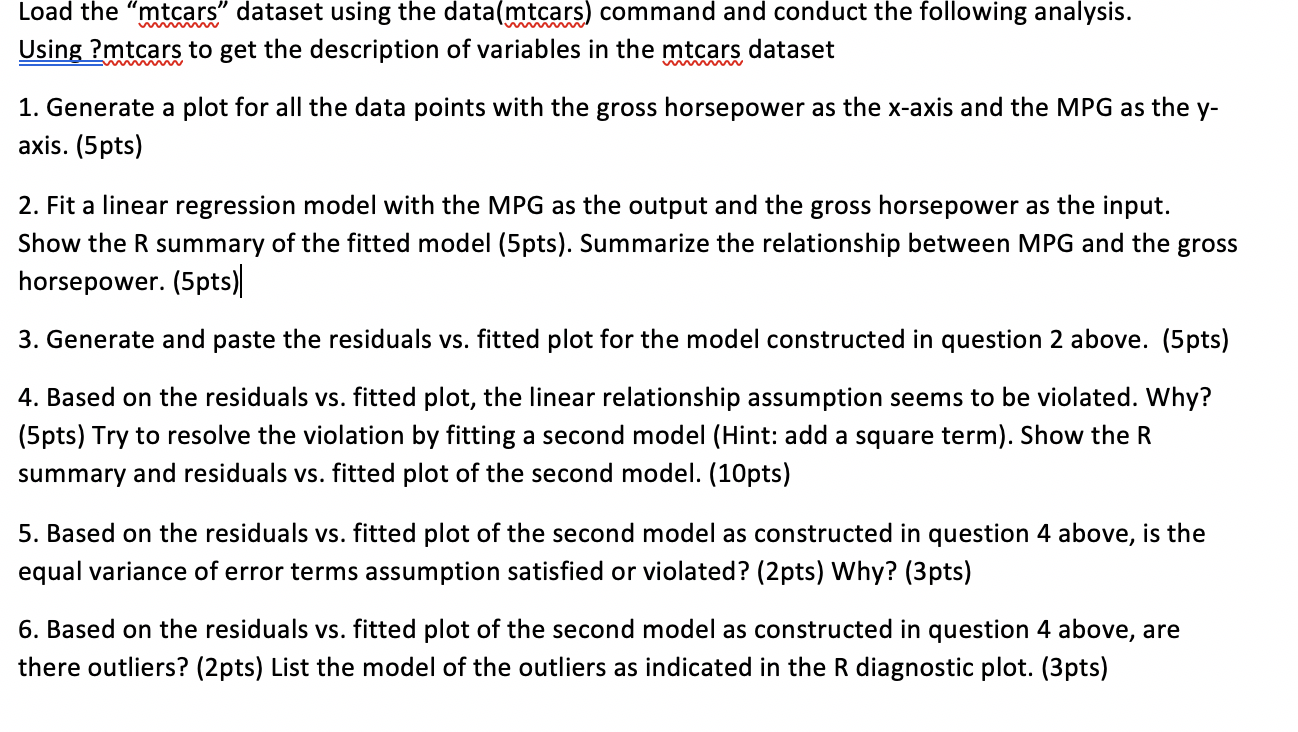 Solved Load the "mtcars" dataset using the data(mtcars) | Chegg.com