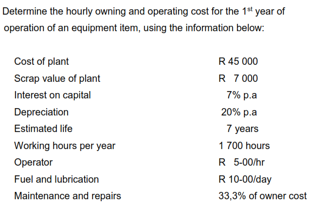 Solved Determine the hourly owning and operating cost for | Chegg.com