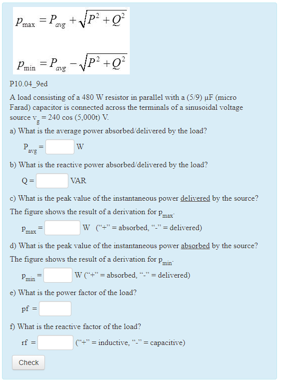 Solved P+Q Pmax avg -P + Pmin P avg P10.04_9ed A load | Chegg.com