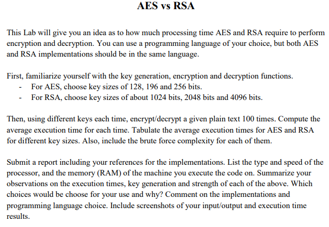 AES vs RSA This Lab will give you an idea as to how | Chegg.com