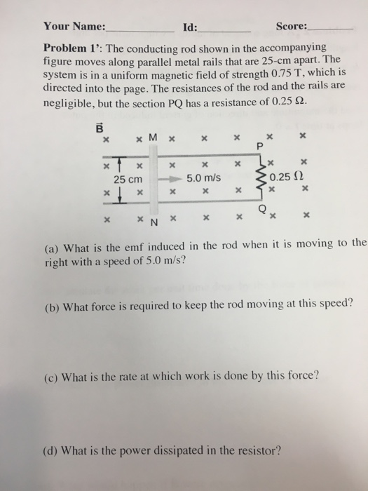 Solved Your Name: Id: Score: Problem 1': The conducting rod | Chegg.com