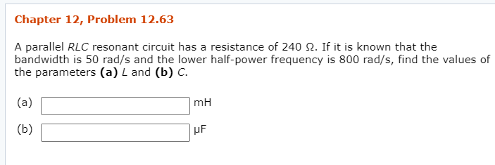 Solved Chapter 12, Problem 12.63 A parallel RLC resonant | Chegg.com