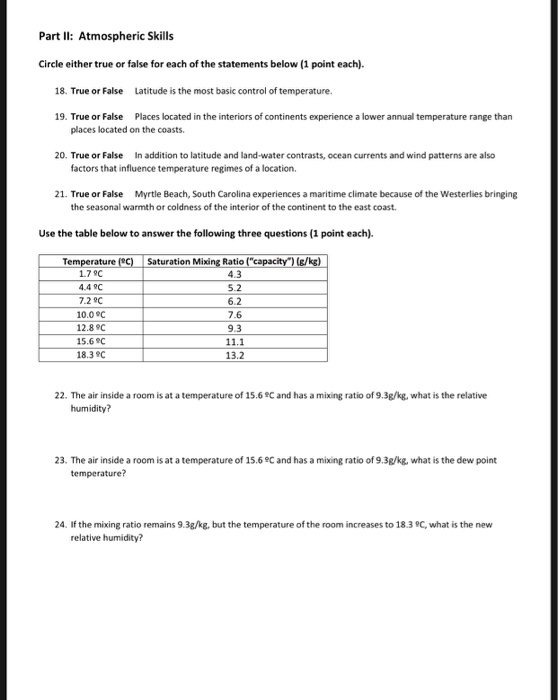 Solved Part : Atmospheric Skills Circle either true or false | Chegg.com