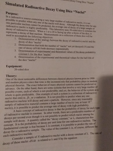 Simulated Radioactive Decay Using Dice "Nucler" | Chegg.com