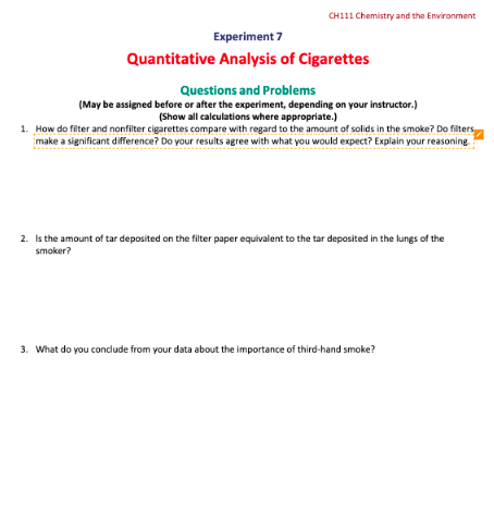 Solved Experiment 7 Quantitative Analysis of Cigarettes | Chegg.com