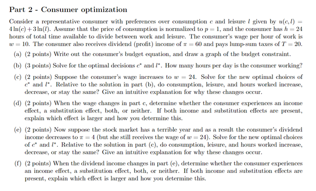 Solved Part 2 - Consumer optimization Consider a | Chegg.com