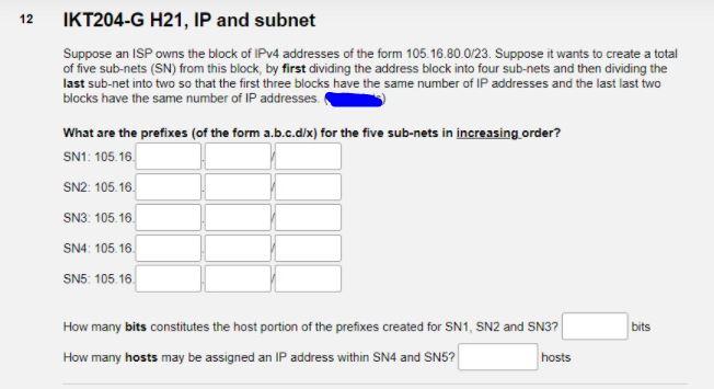 Solved 12 IKT204-G H21, IP and subnet Suppose an ISP owns | Chegg.com