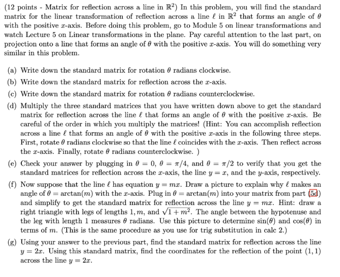 (12 points - Matrix for reflection across a line in | Chegg.com
