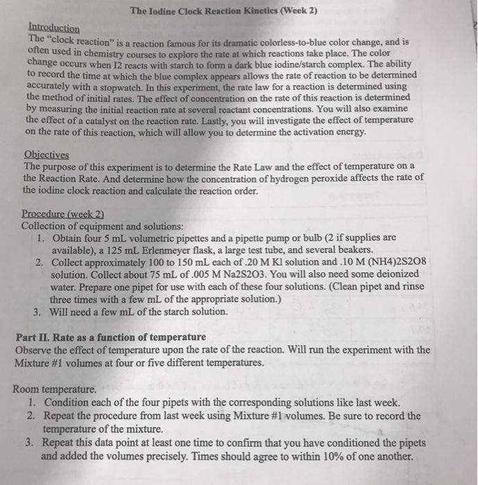 The Iodine Clock Reaction Kinetics (Week 2) Introduct | Chegg.com