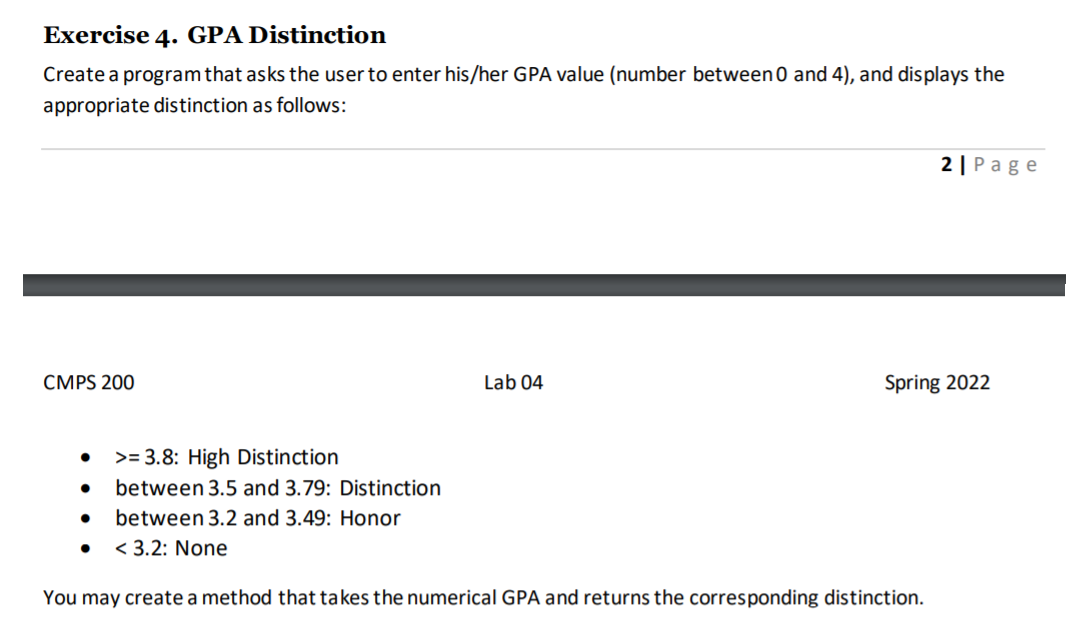 Solved Exercise 4. GPA Distinction Create a program that | Chegg.com