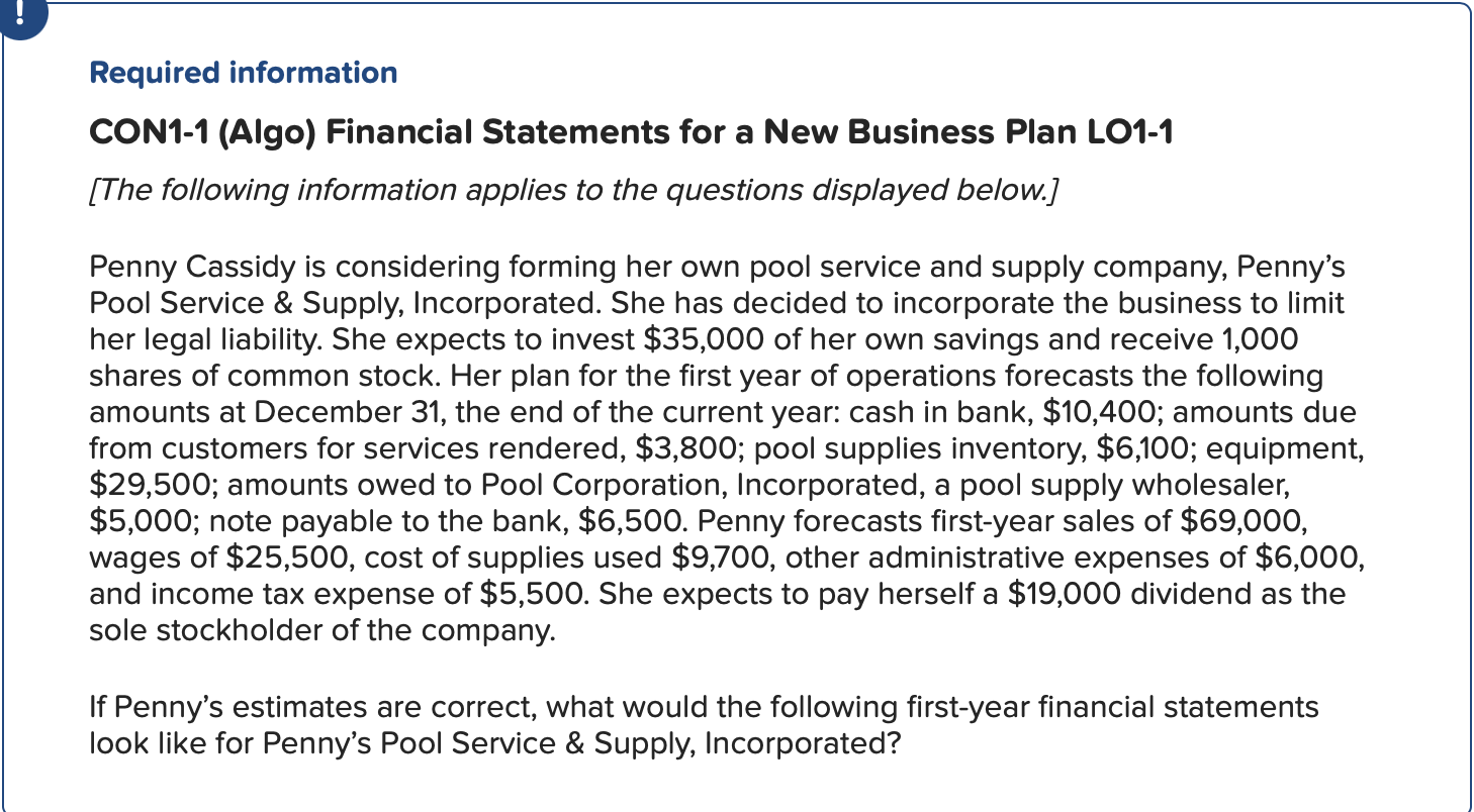 Solved CON1-1 (Algo) Financial Statements for a New Business | Chegg.com