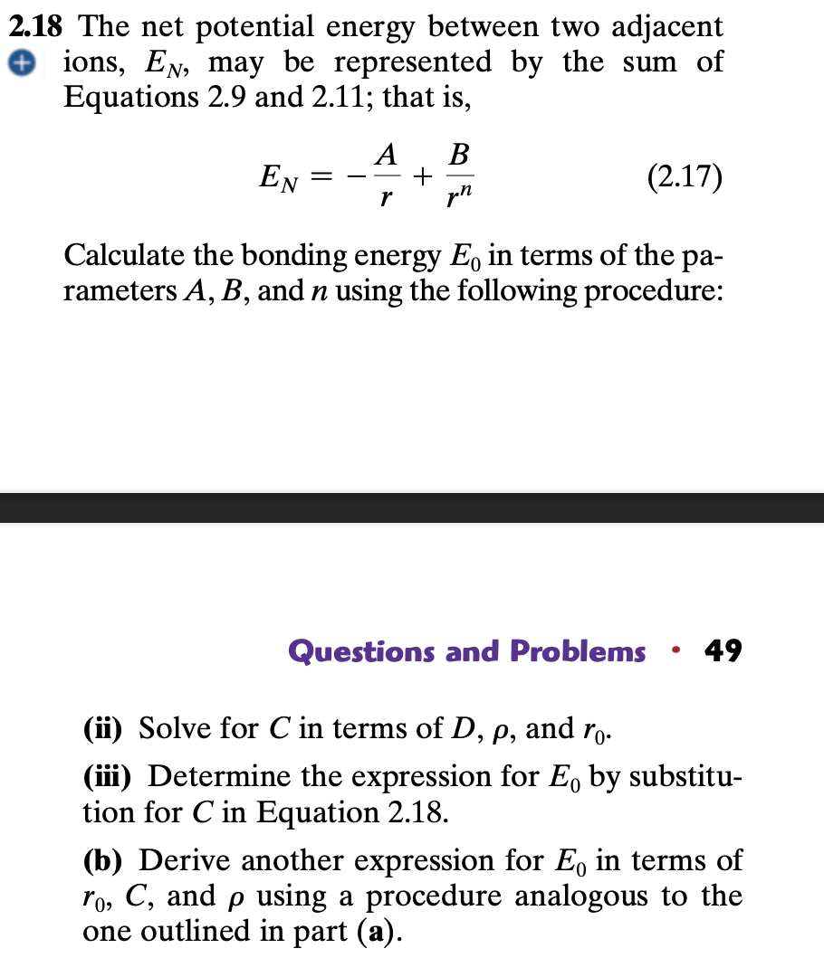 Solved 2.18 The net potential energy between two adjacent | Chegg.com