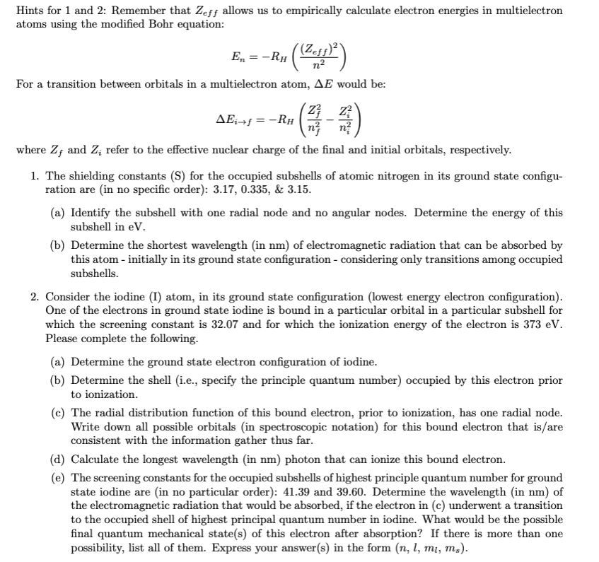 Solved Hints for 1 and 2: Remember that Zeff allows us to | Chegg.com