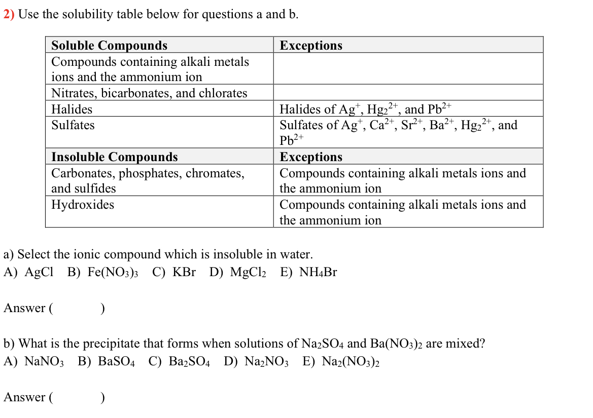 Solved 2) Use the solubility table below for questions a and | Chegg.com