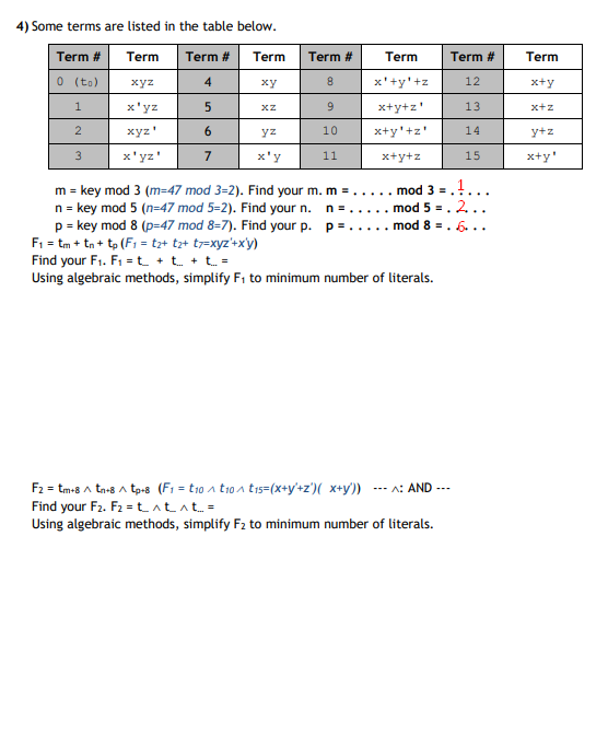 Solved 4) Some terms are listed in the table below. | Chegg.com