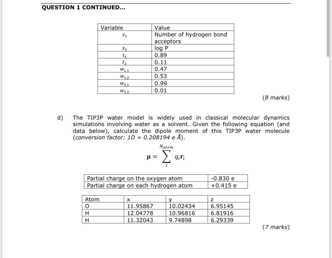 Question 1 Continued 8 Marks D The Tip3p Water