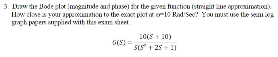 Solved 3. Draw the Bode plot (magnitude and phase) for the | Chegg.com