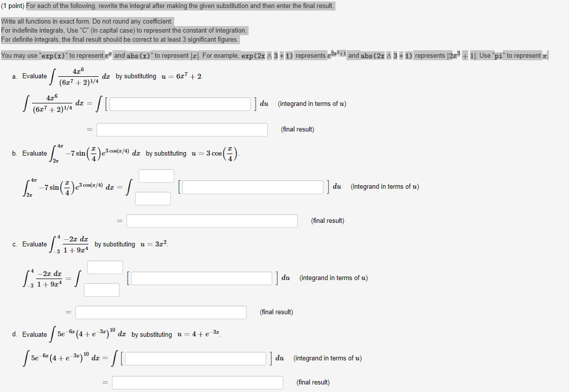 Solved For each of the following, rewrite the integral after | Chegg.com