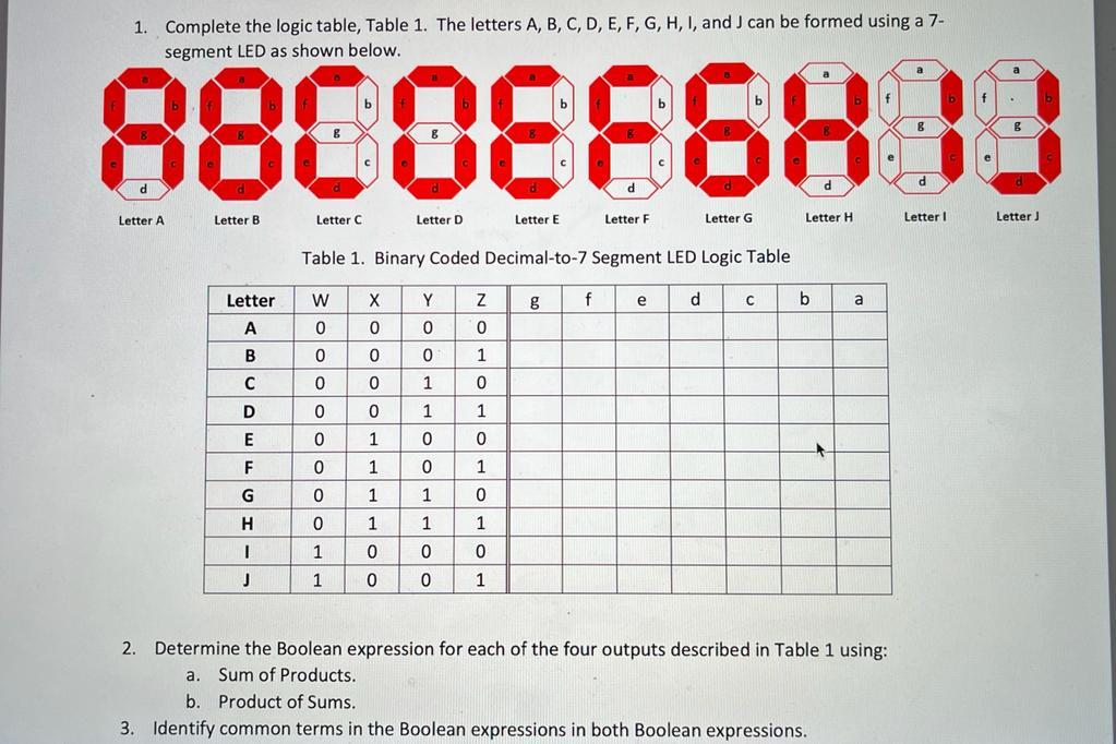 Solved 1. Complete the logic table, Table 1. The letters A, | Chegg.com