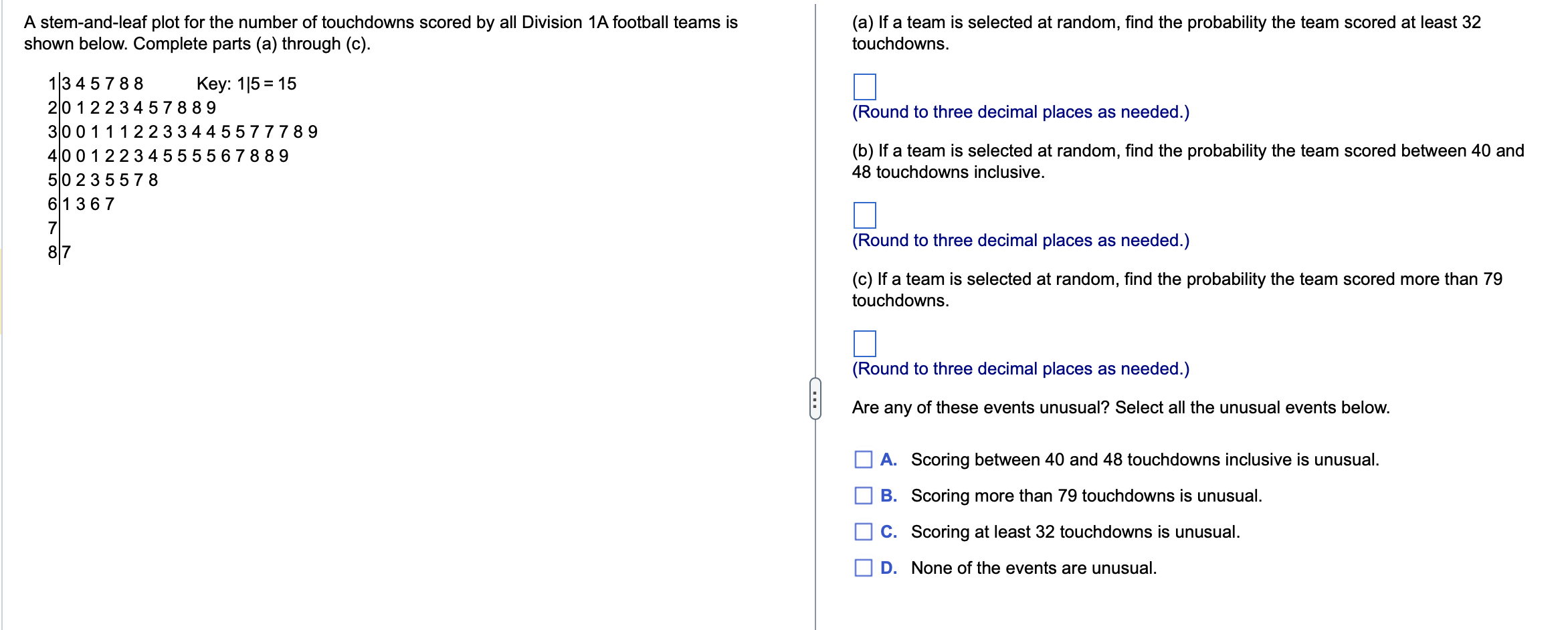 Solved A stem-and-leaf plot for the number of touchdowns | Chegg.com
