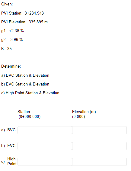 Solved Given: PVI Station: 3+284.943 PVI Elevation: 335.895 | Chegg.com