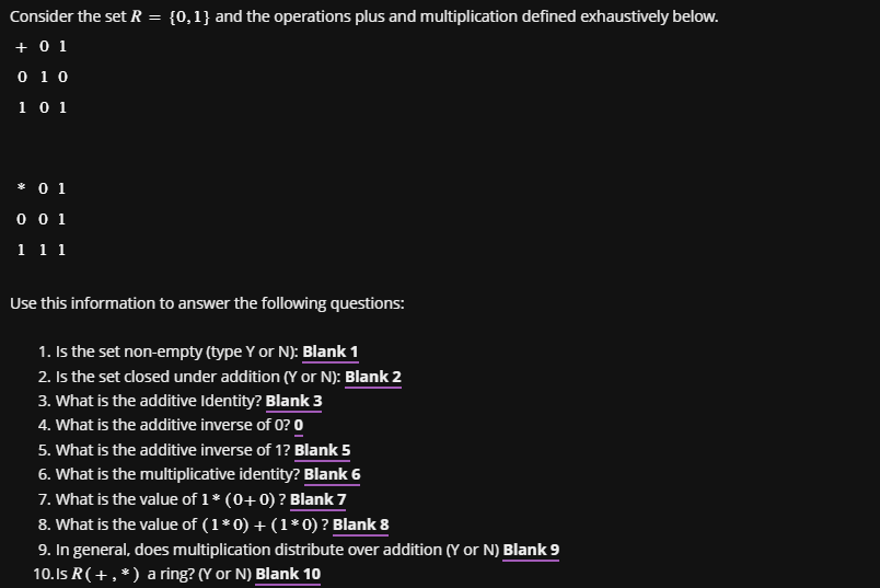 Solved Consider the set R={0,1} ﻿and the operations plus and | Chegg.com
