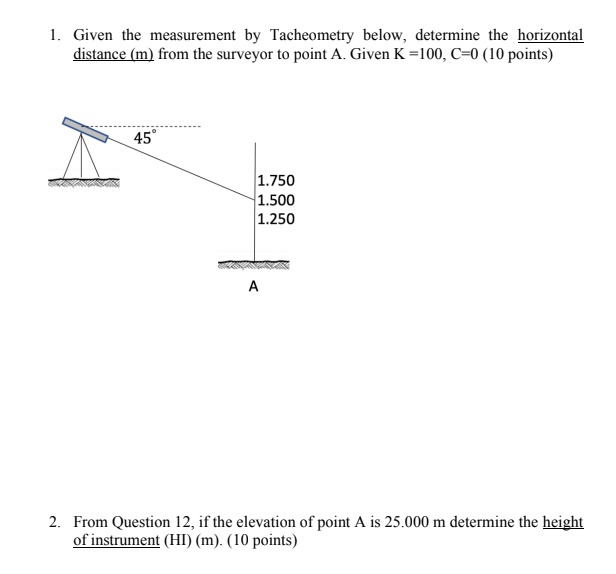 Solved 1. Given the measurement by Tacheometry below, | Chegg.com