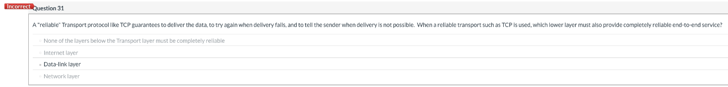 Solved Incorrect Question 31 A"reliable Transport protocol | Chegg.com