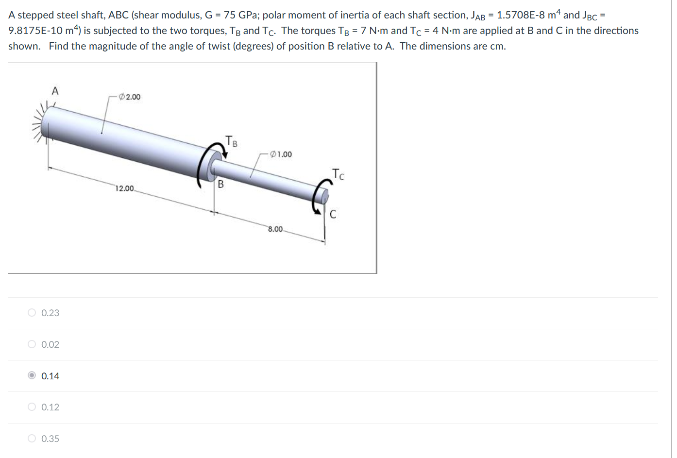 Solved A stepped steel shaft, ABC (shear modulus, G = 75 | Chegg.com