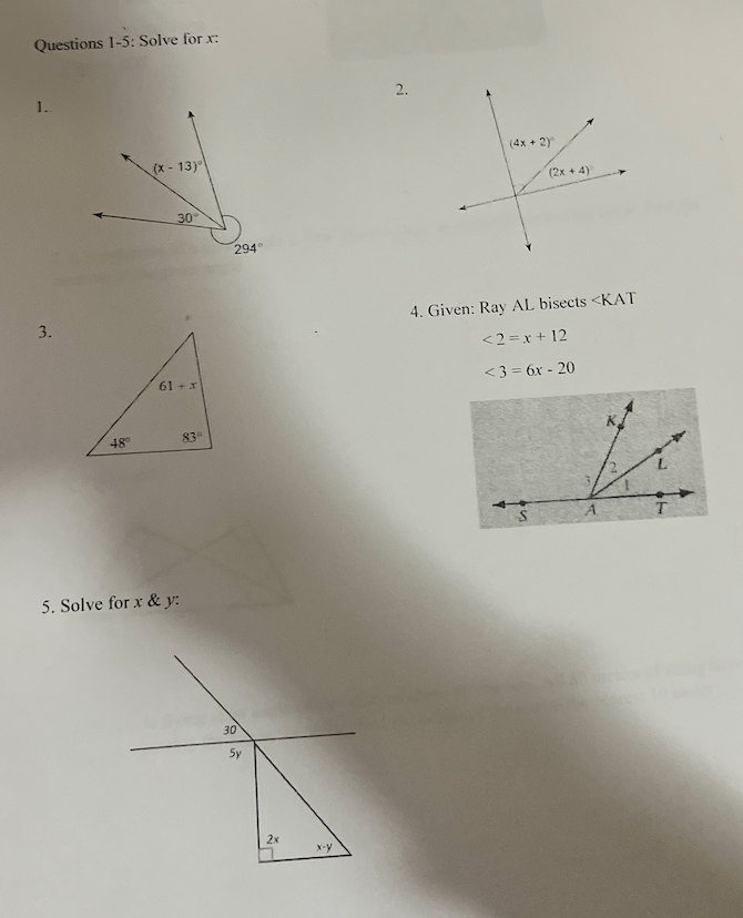 Solved Questions 1-5: Solve for x : 2. 4. Given: Ray AL | Chegg.com