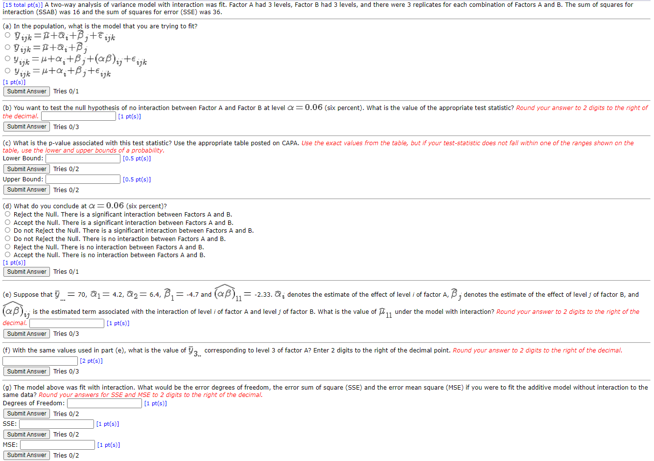 Solved (15 total pt(s)] A two-way analysis of variance model | Chegg.com