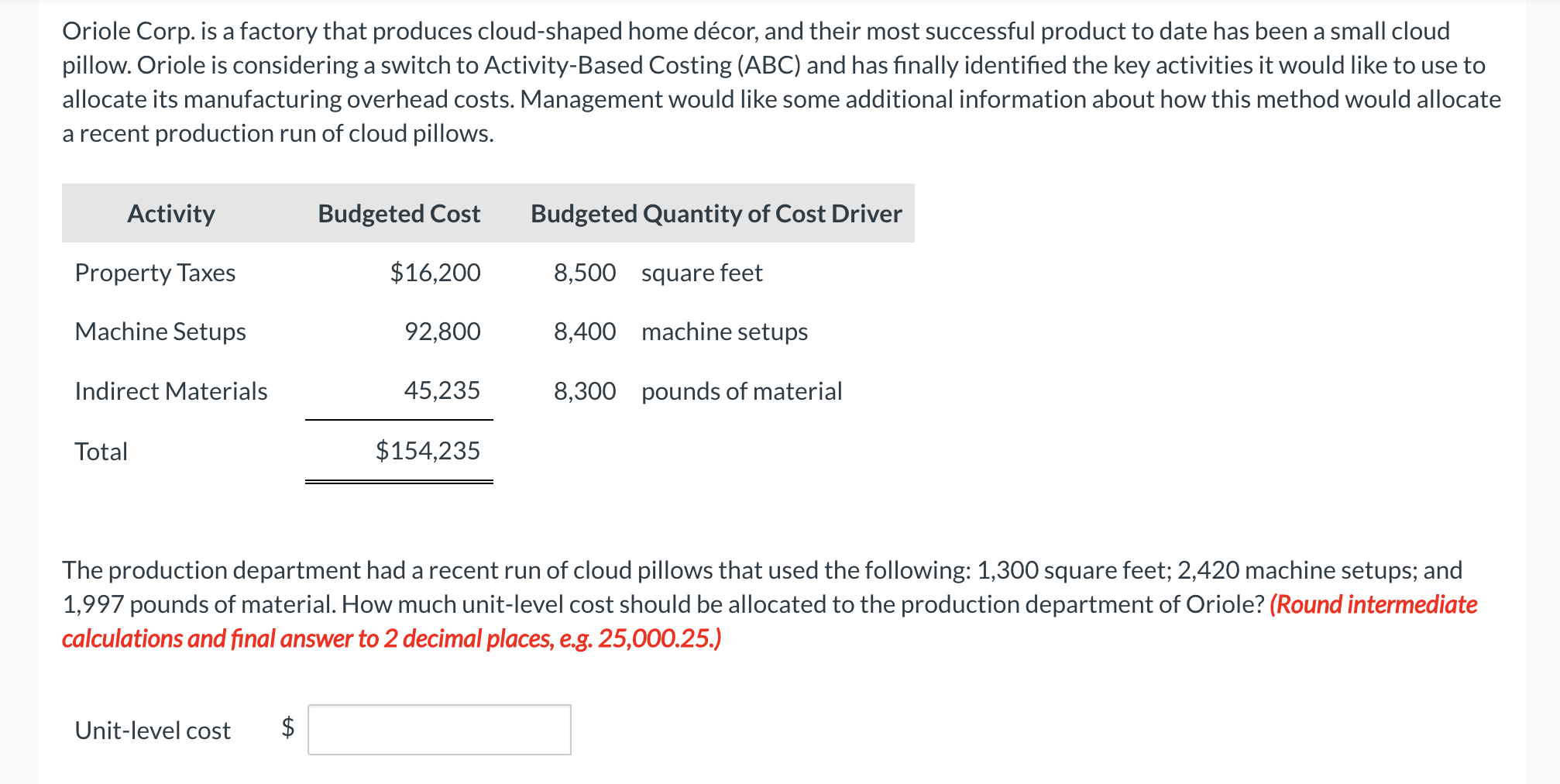 Solved Oriole Corp. is a factory that produces cloud-shaped | Chegg.com