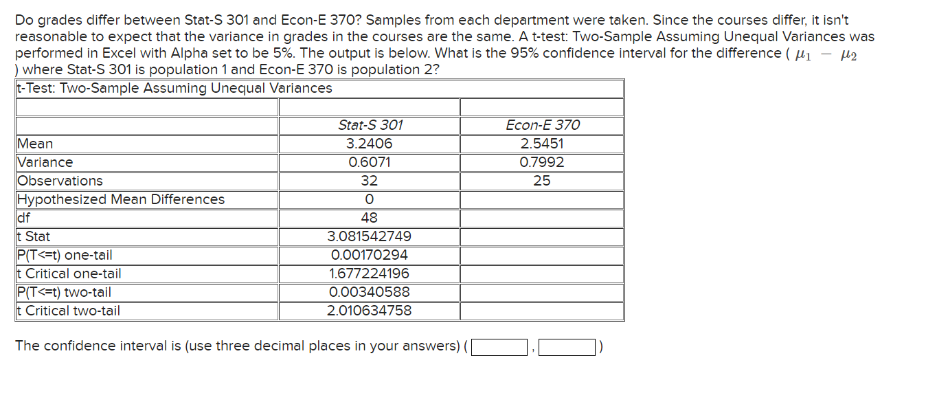Solved Do grades differ between Stat-S 301 and Econ-E 370? | Chegg.com