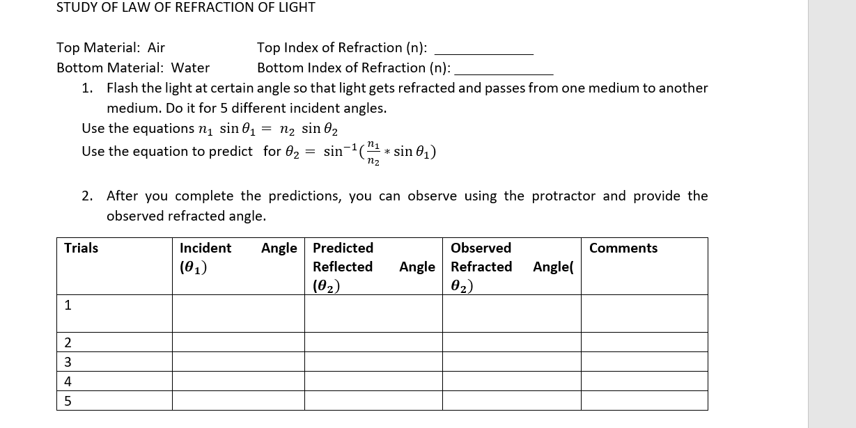 Solved STUDY OF LAW OF REFRACTION OF LIGHT Top Material: Air | Chegg.com