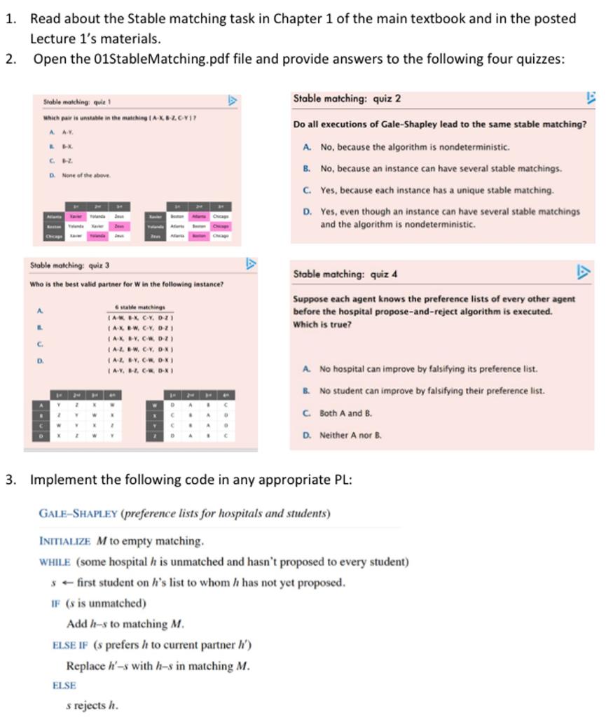 Read about the Stable matching task in Chapter 1 of | Chegg.com
