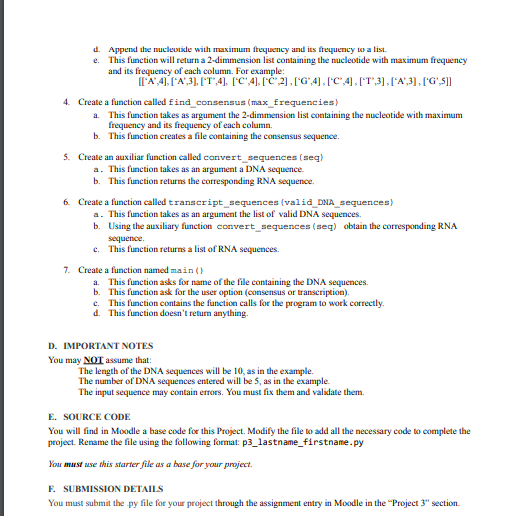 Project 3: DNA Consensus Sequence and RNA | Chegg.com
