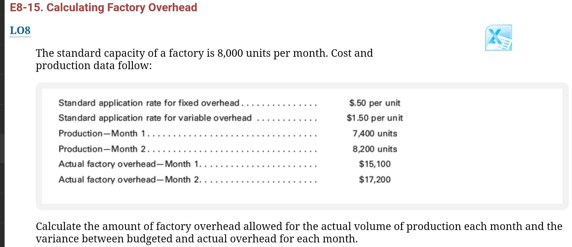 Solved E8-15. Calculating Factory Overhead LO8 The standard | Chegg.com