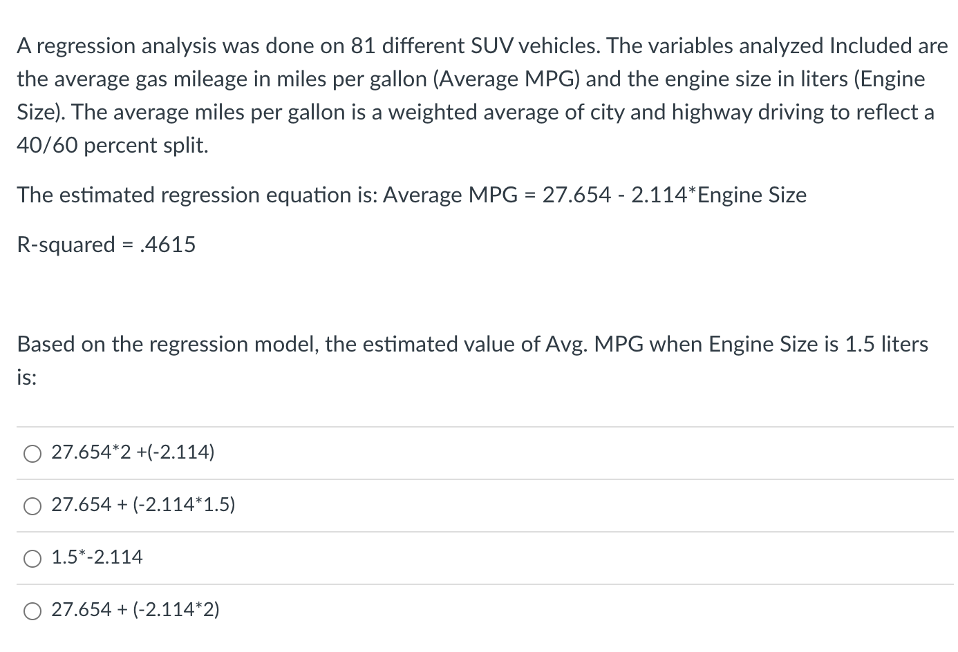 Solved A regression analysis was done on 81 different SUV | Chegg.com