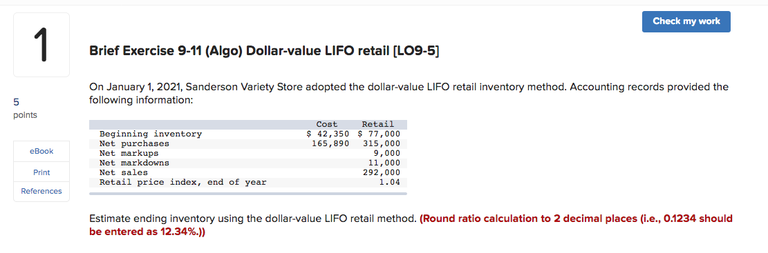 Solved Brief Exercise 9-11 (Algo) Dollar-value LIFO retail | Chegg.com