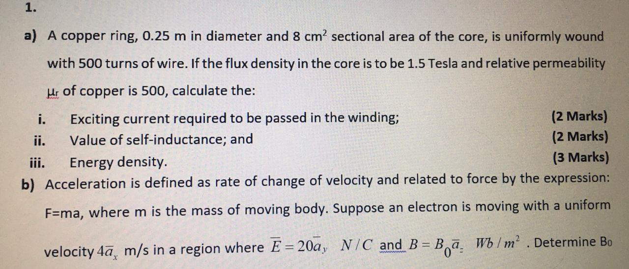 Solved 1. a) A copper ring, 0.25 m in diameter and 8 cm² | Chegg.com