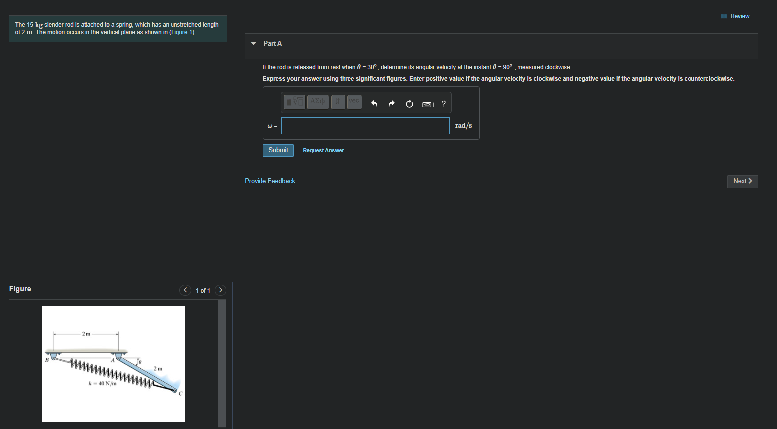 Solved Review The 15-kg slender rod is attached to a spring, | Chegg.com